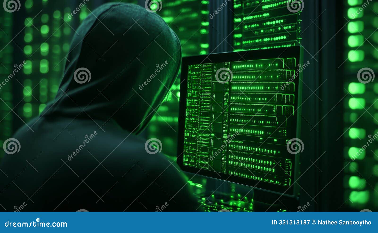 Hacker in Dark Room with Code Screen Stock Illustration - Illustration ...