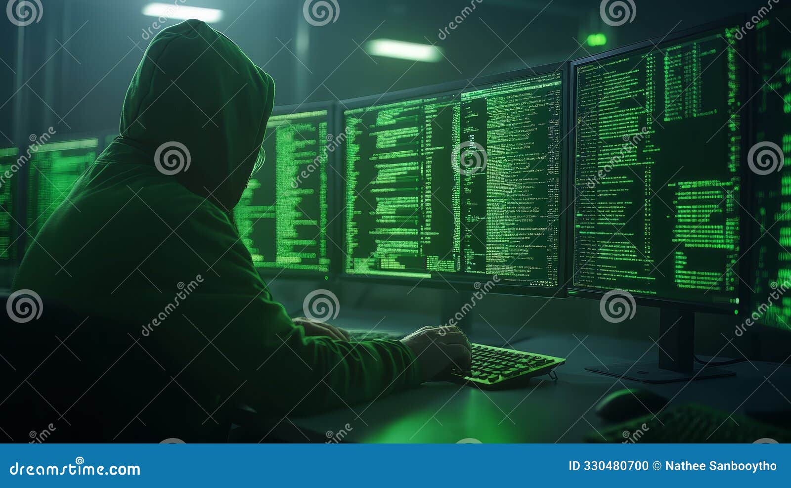 Hacker in Dark Room Coding on Multiple Monitors Stock Illustration ...