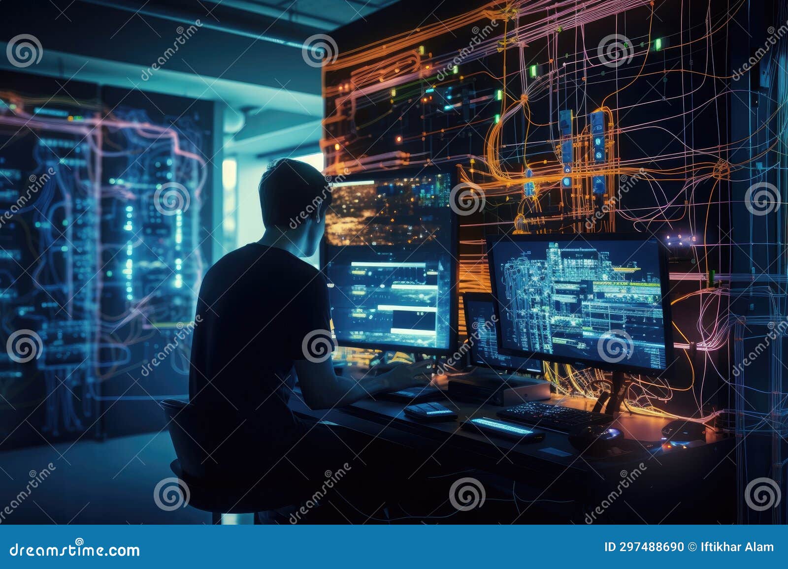 Hacker in a Dark Room with Computers and High Tech Interface, Software ...