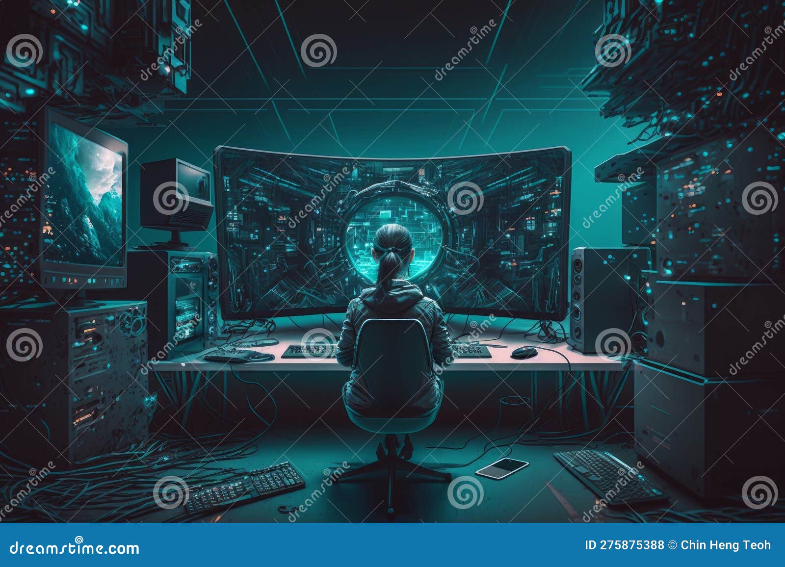 Hacker in a Dark Room with Computers and Screens. Generative AI ...