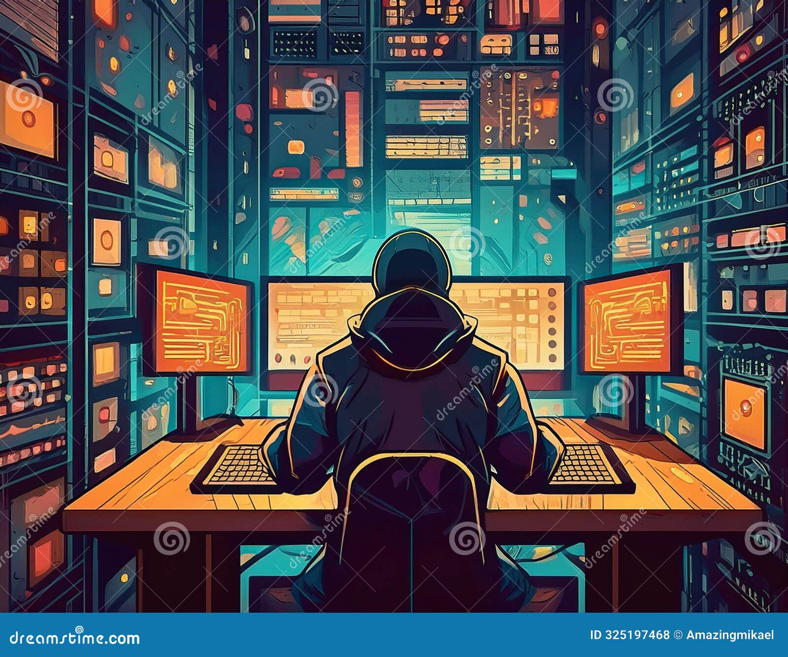 Hacker In Dark Room Illuminated By Multiple Computer Screens Typing On