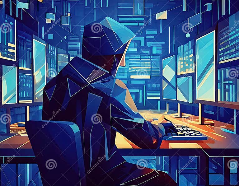 Hacker in Dark Room Illuminated by Multiple Computer Screens Typing on ...
