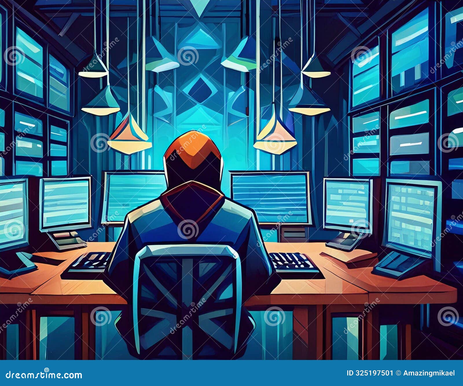 Hacker in Dark Room Illuminated by Multiple Computer Screens Typing on Keyboard Stock Image ...