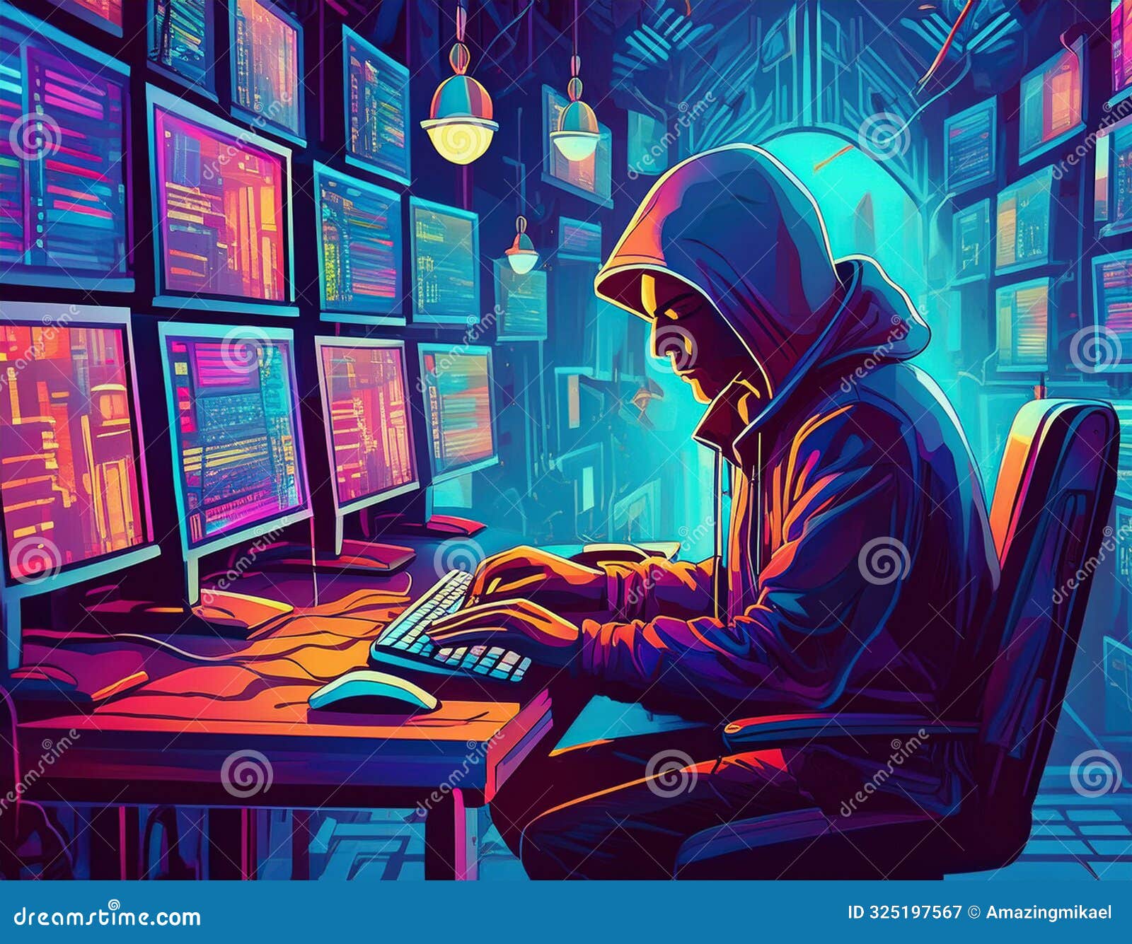 Hacker in Dark Room Illuminated by Multiple Computer Screens Typing on ...
