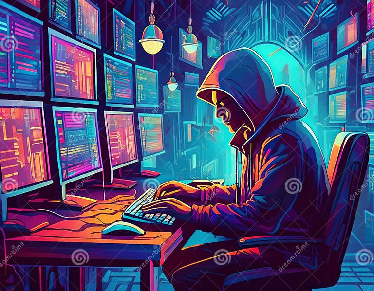 Hacker in Dark Room Illuminated by Multiple Computer Screens Typing on Keyboard Stock Image ...