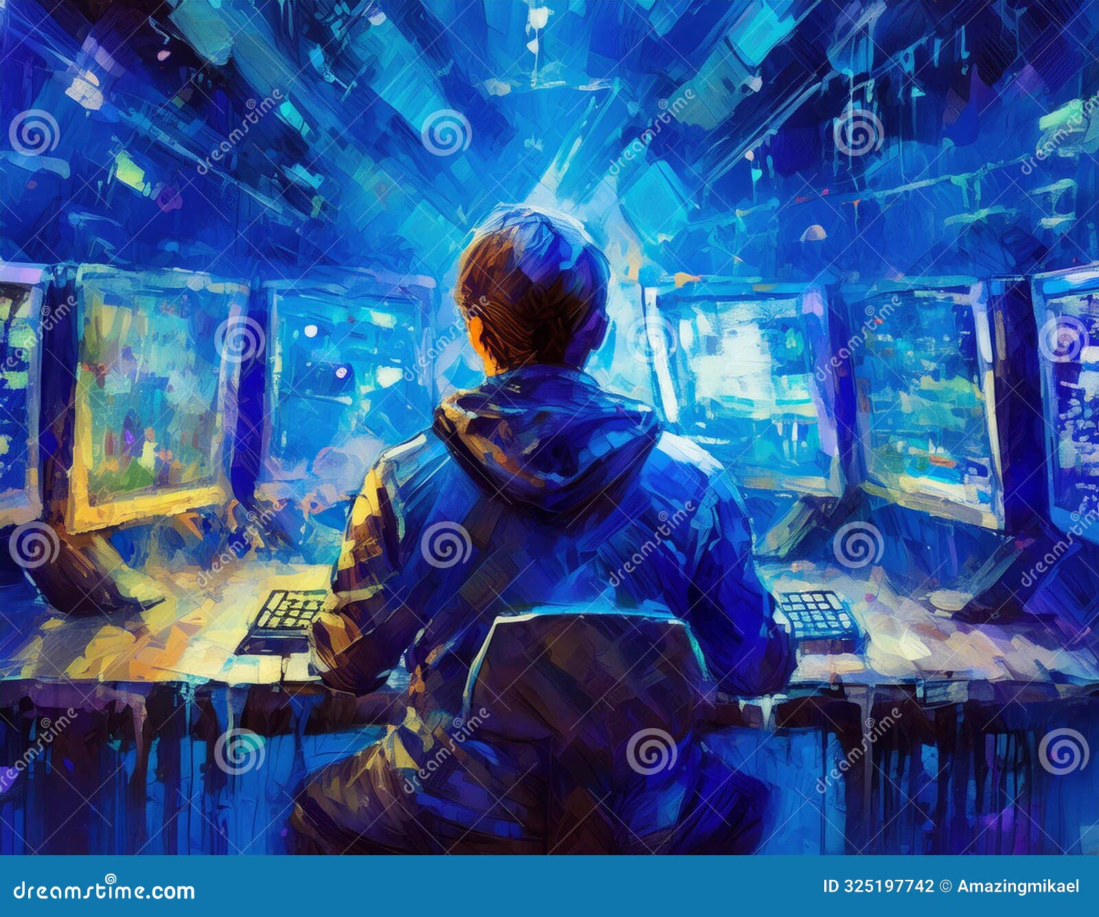 Hacker in Dark Room Illuminated by Multiple Computer Screens Typing on ...