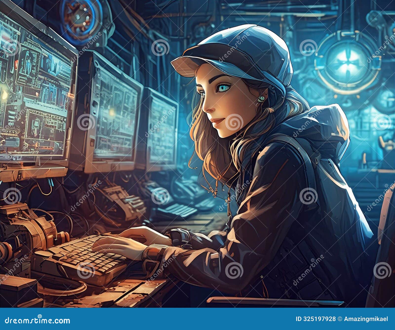 Hacker in Dark Room Illuminated by Multiple Computer Screens Typing on ...