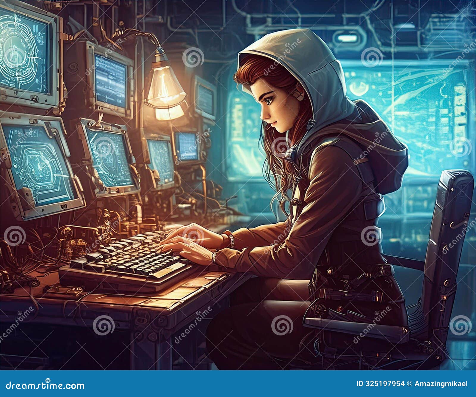 Hacker in Dark Room Illuminated by Multiple Computer Screens Typing on ...