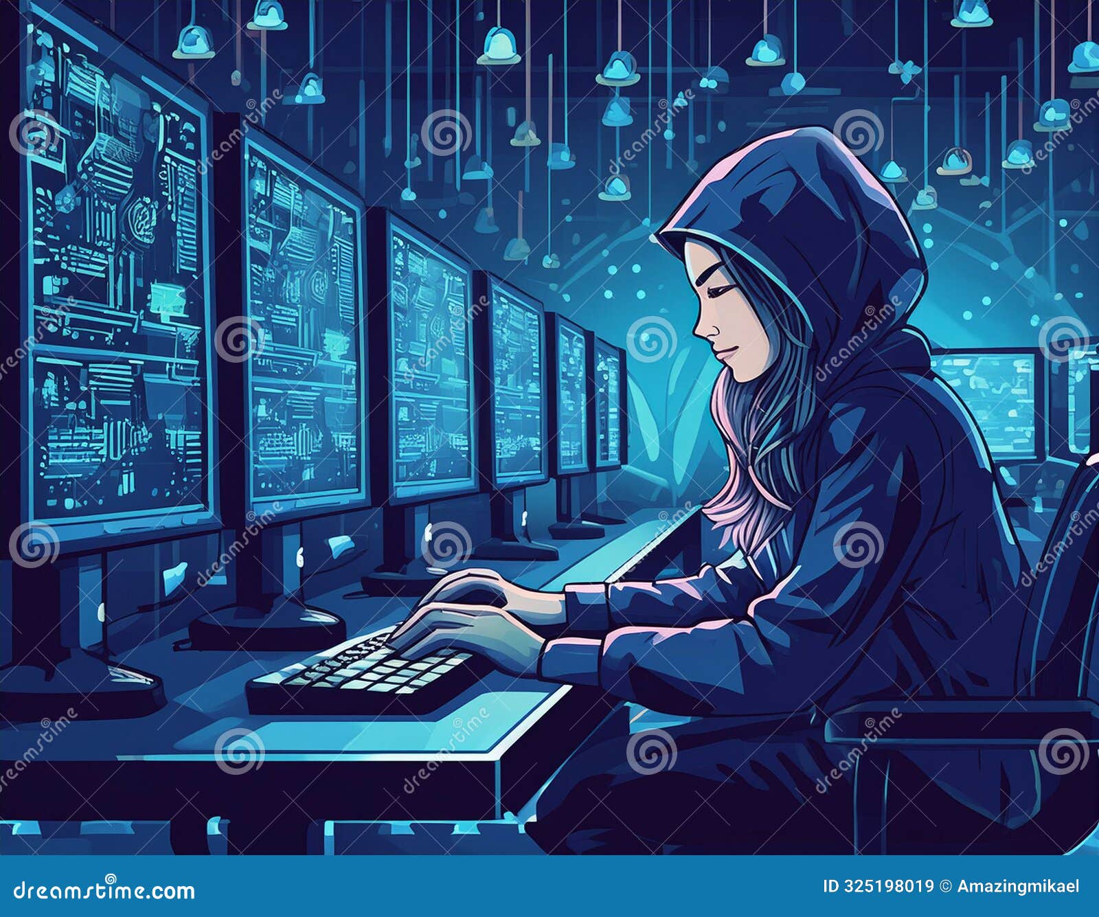 Hacker in Dark Room Illuminated by Multiple Computer Screens Typing on ...