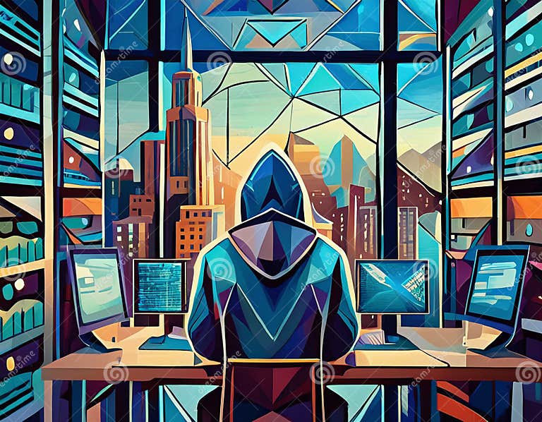 Hacker in Dark Room Illuminated by Multiple Computer Screens Typing on ...