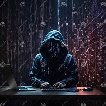 Hacker in a Dark Room, with Lines of Code and Binary Code Streaming ...