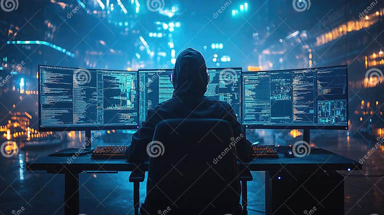Hacker in Dark Room with Multi-screen Setup and Digital Code Display ...