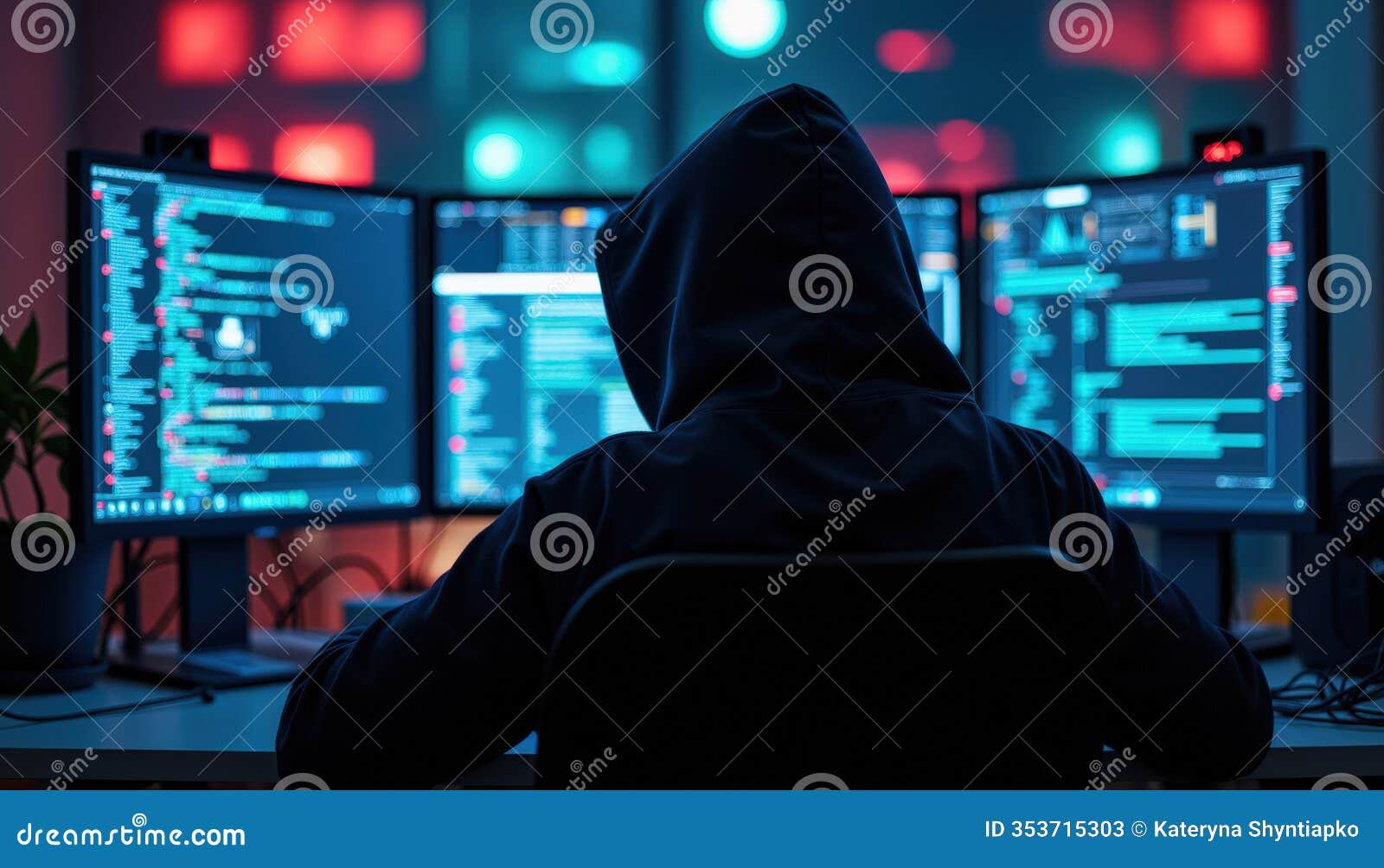 Hacker in Dark Room with Multiple Screens and Coding Interface. Stock ...