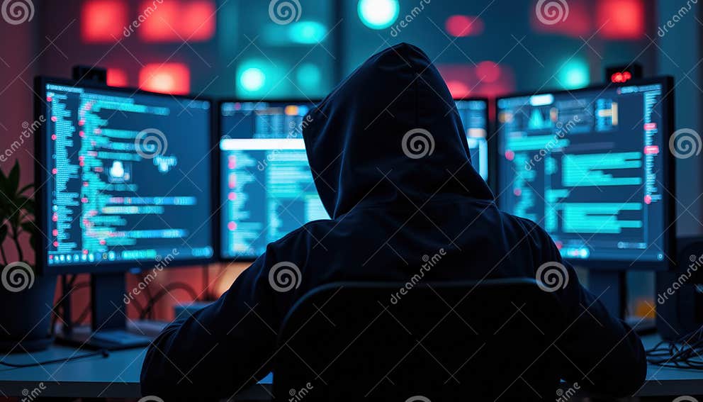 Hacker in Dark Room with Multiple Screens and Coding Interface. Stock Image - Image of threat ...