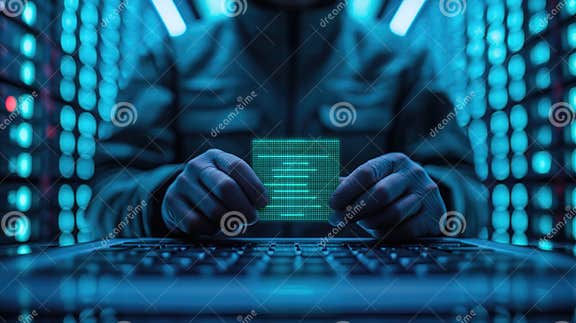 Hacker in a Dark Room Using a Laptop and Holding a Green Transparent ...