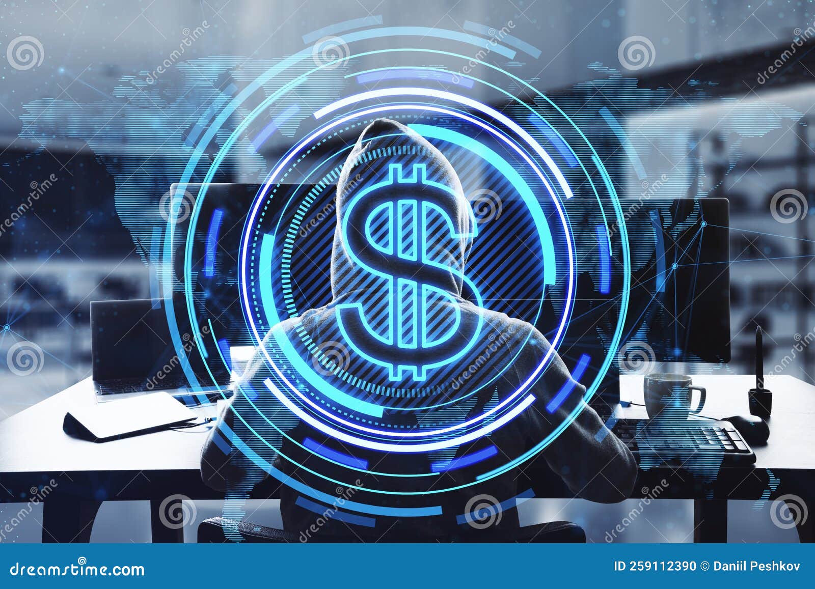 Hacker at Desk Using Computers with Creative Glowing Round Dollar Icon ...