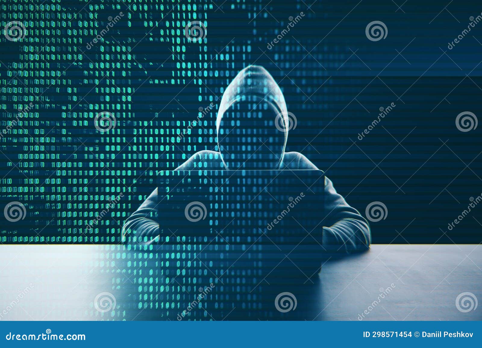 Hacker at Desk Using Laptop with Creative Digital Binary Code Dots Hologram. Stock Photo - Image ...