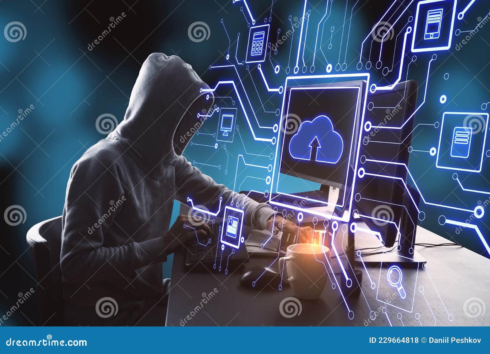 Hacker at Desktop Using Computers with Abstract Glowing Circuit Cloud Computing Interface on ...