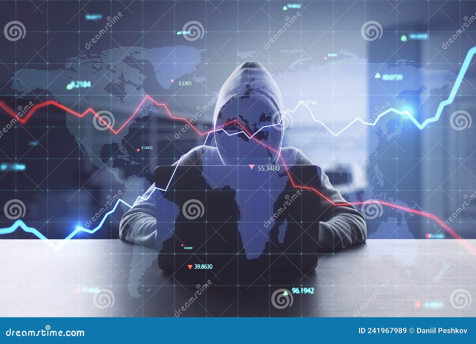 Hacker at Desktop Using Computers with Creative Glowing Blue Map ...