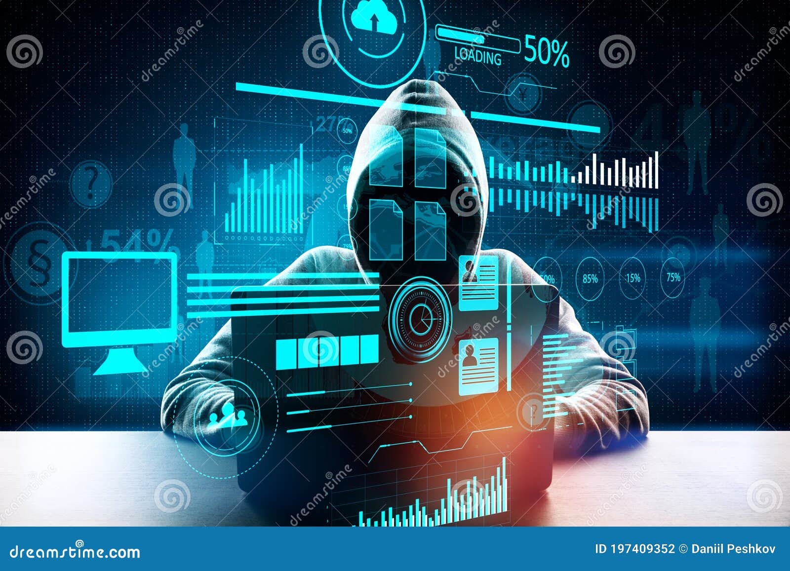 Hacker at Desktop Using Laptop with Abstract Forex and Big Data ...