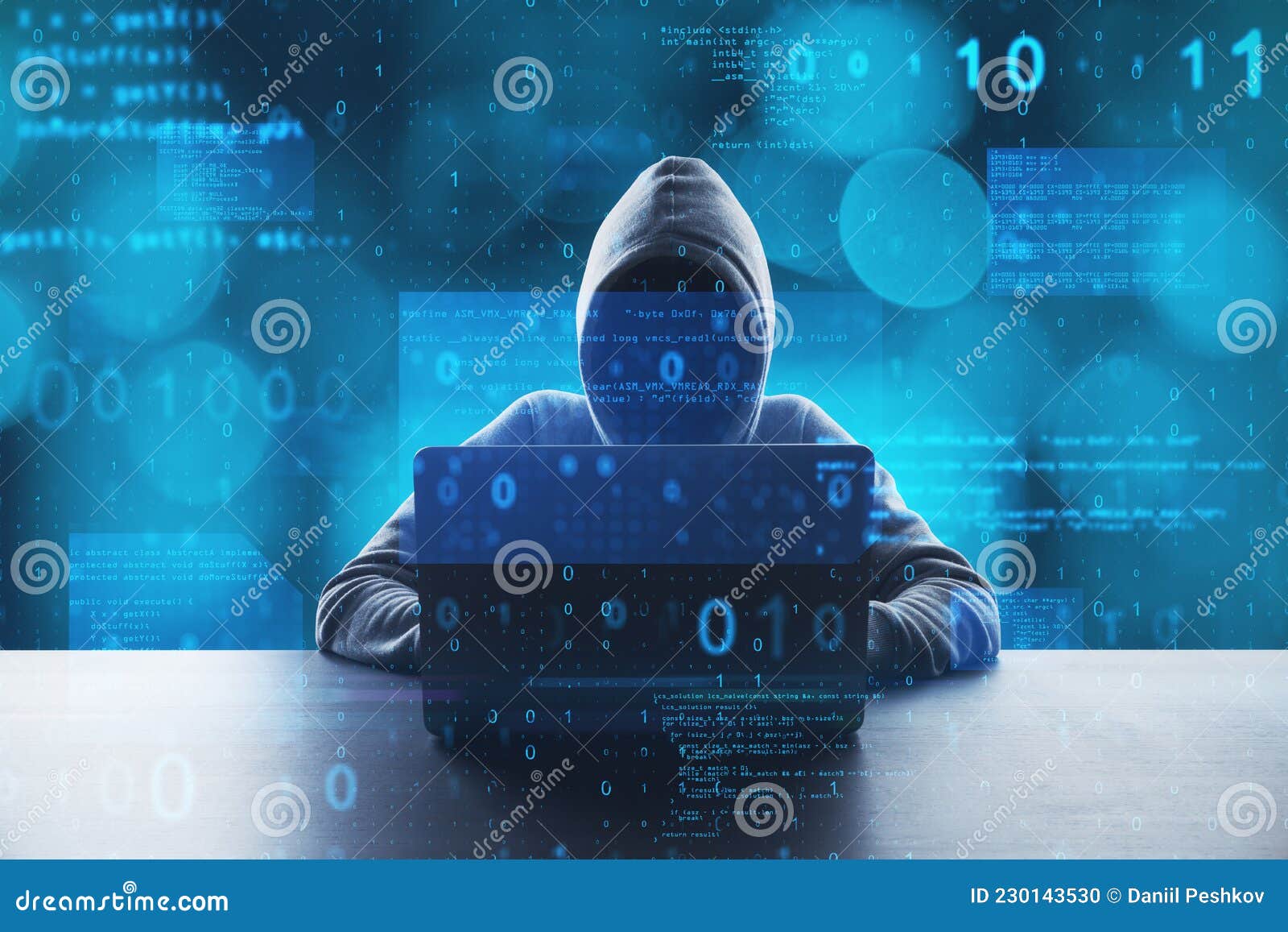Hacker at Desktop Using Laptop with Abstract Glowing Blue Coding Background. Binary Code, Theft ...