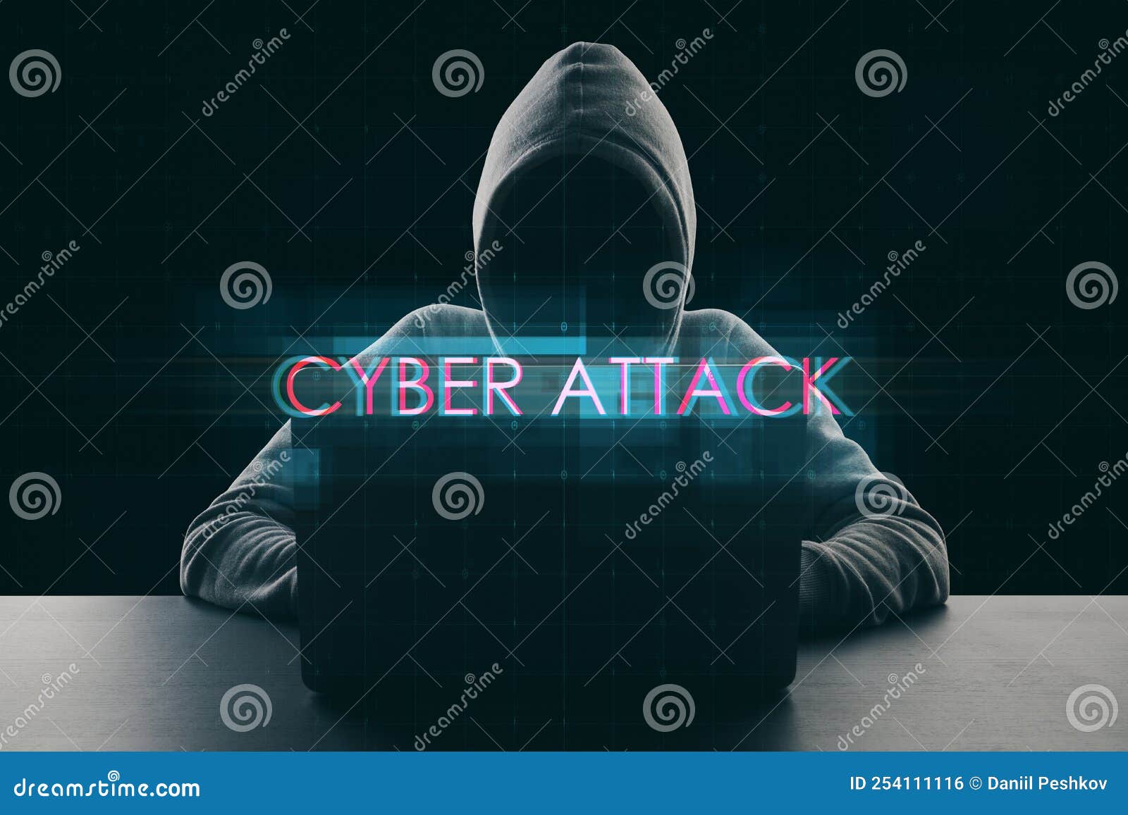 Hacker at Desktop Using Laptop Computer with Abstract Creative Digital Text Hologram on Dark ...