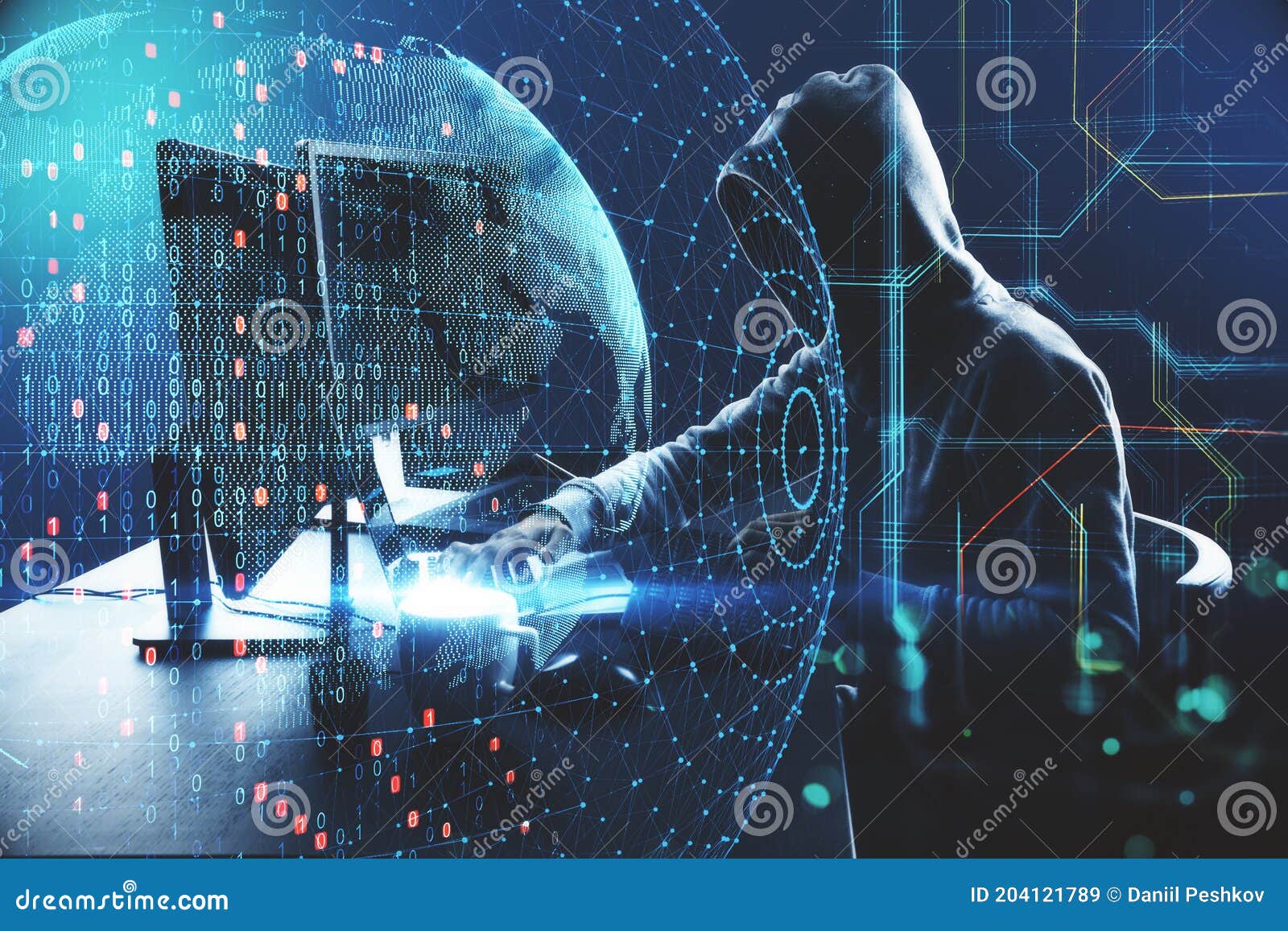 Hacker at Desktop Using Laptop and Computer Stock Image - Image of ...