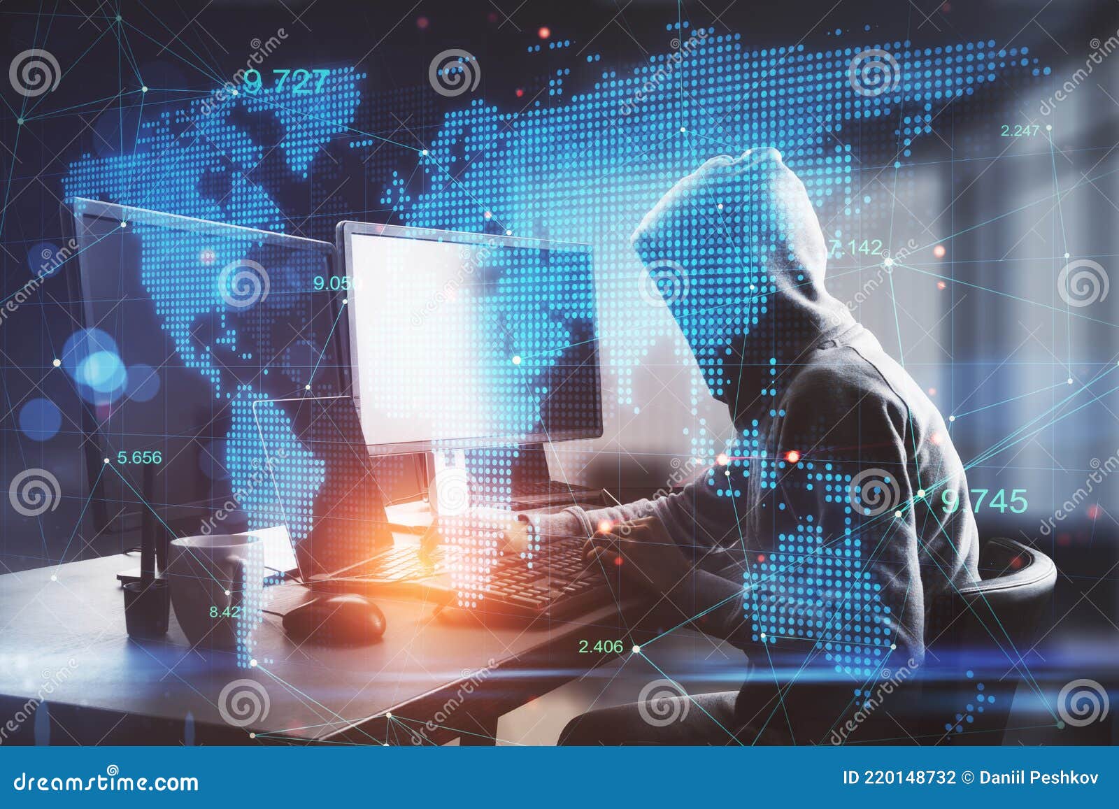 Hacker at Desktop Using Laptop with Digital Map in Blurry Office ...