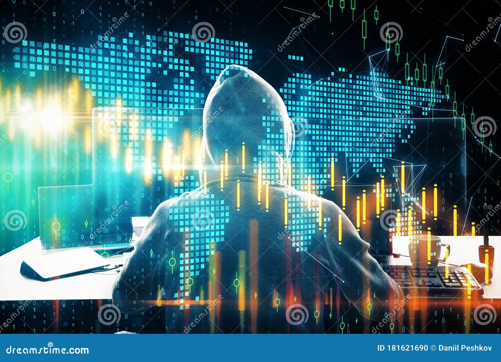 Hacker At Desktop Using Computer And Glowing World Map Royalty-Free ...