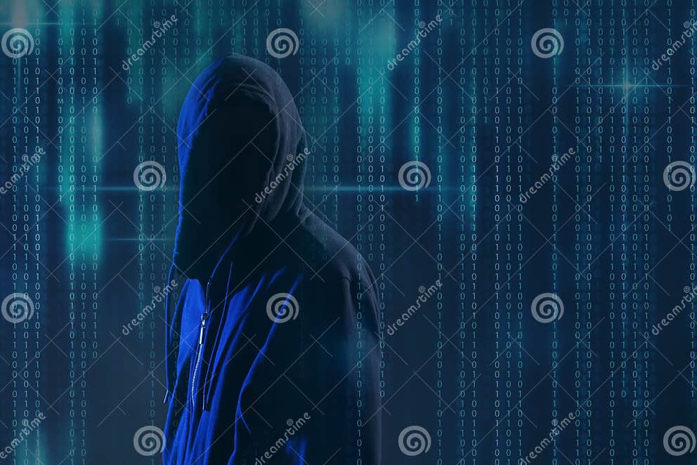 Hacker and Digital Binary Code on Background. Cyber Crime Concept Stock ...