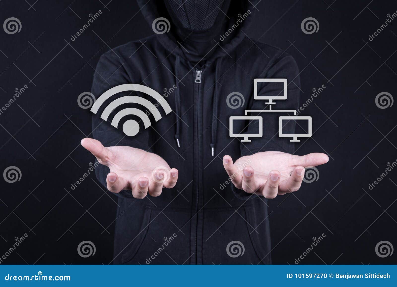 Hacker Digital Thief Open Palm Gesture with Wifi and Network Icon Stock ...