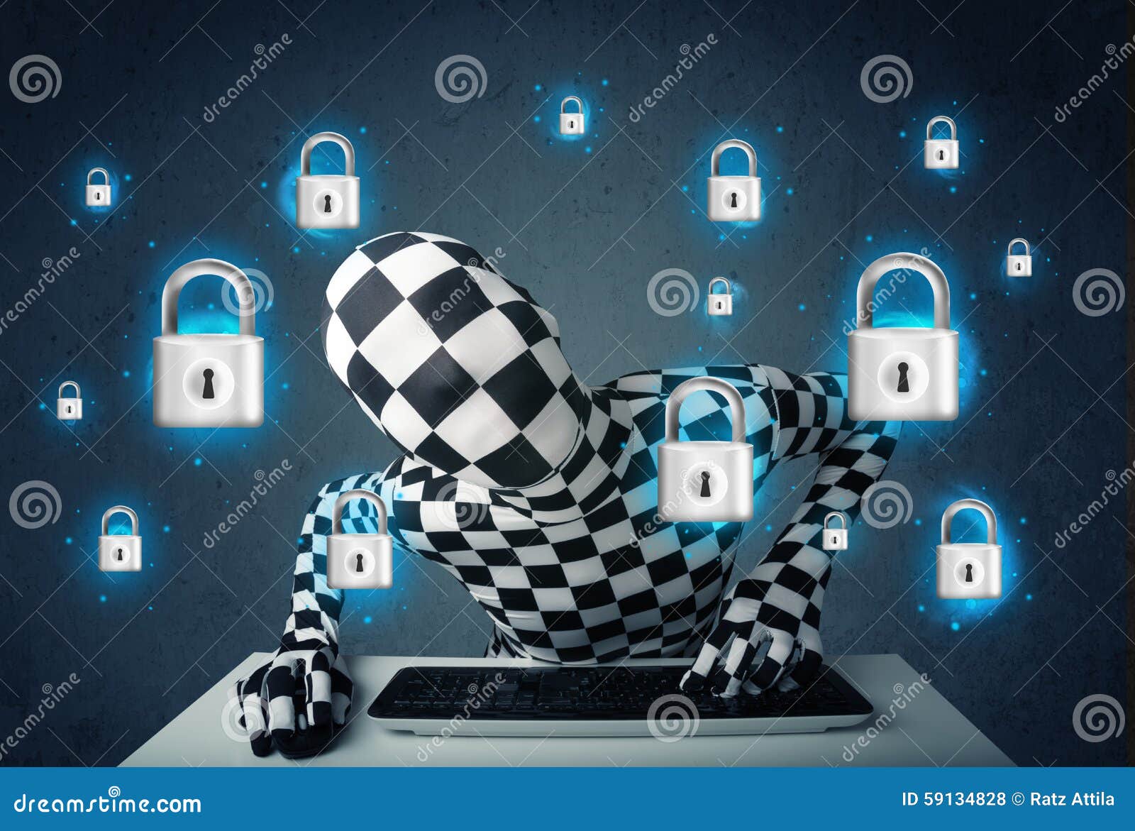 Hacker In Disguise Sitting At Desktop And Working On Laptop, Internet ...