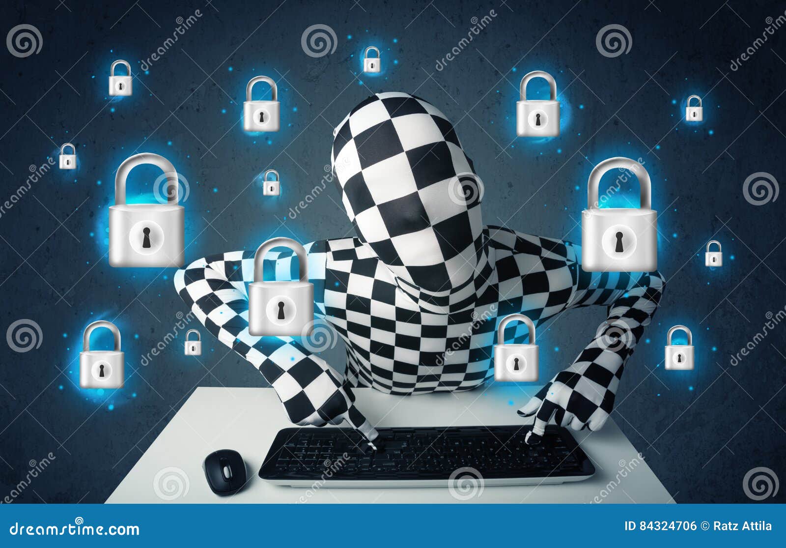 Hacker In Disguise Sitting At Desktop And Working On Laptop, Internet ...