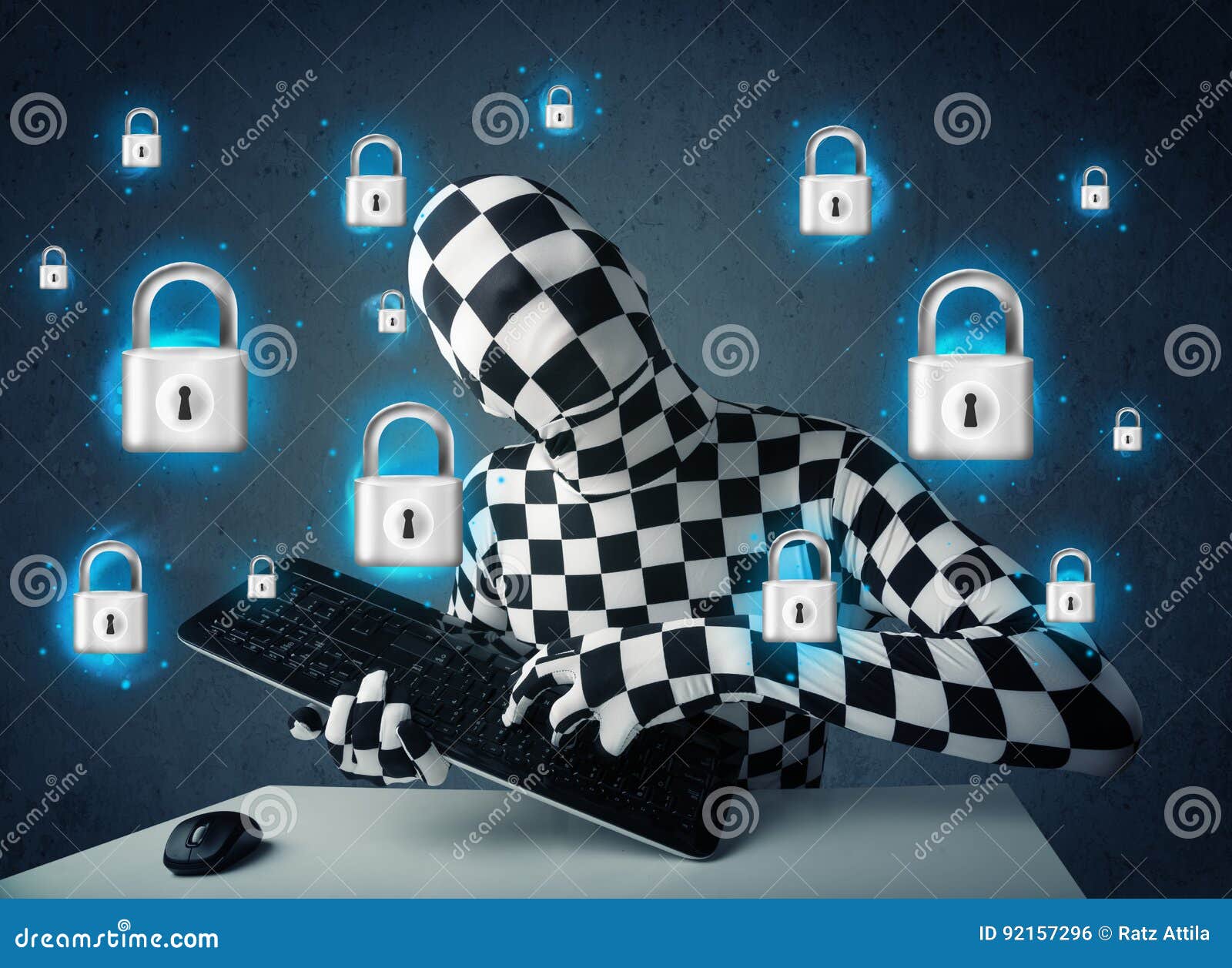 Hacker In Disguise Sitting At Desktop And Working On Laptop, Internet ...