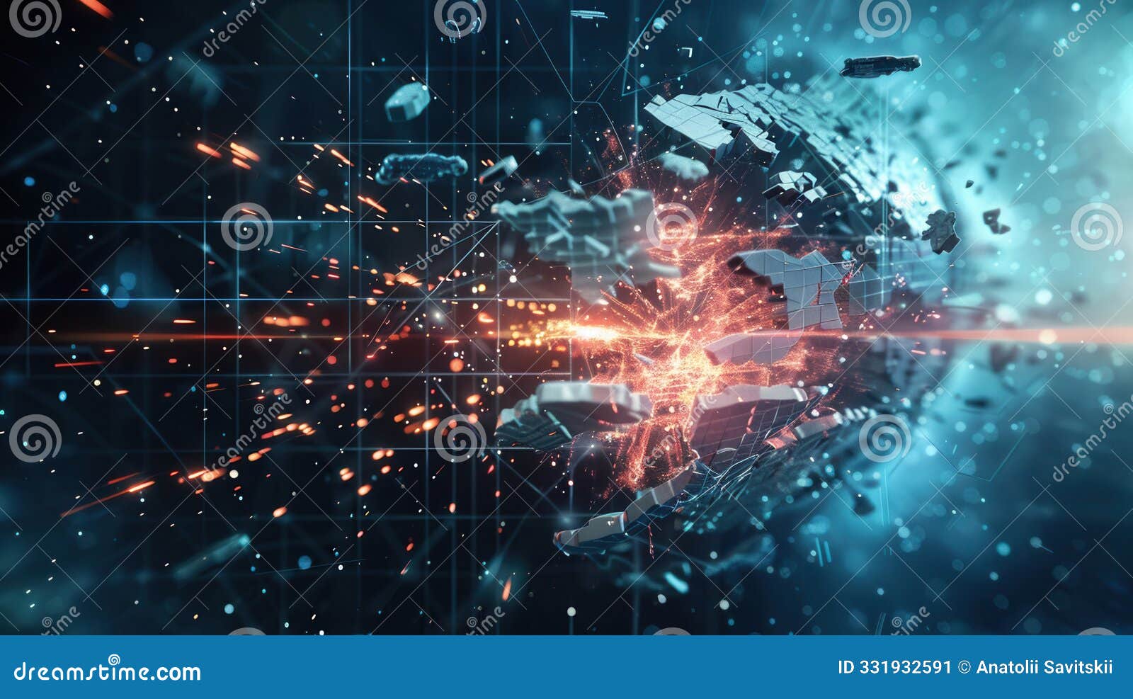 A Hacker Disrupts a Digital Shield As Fragments Fly, Symbolizing a ...