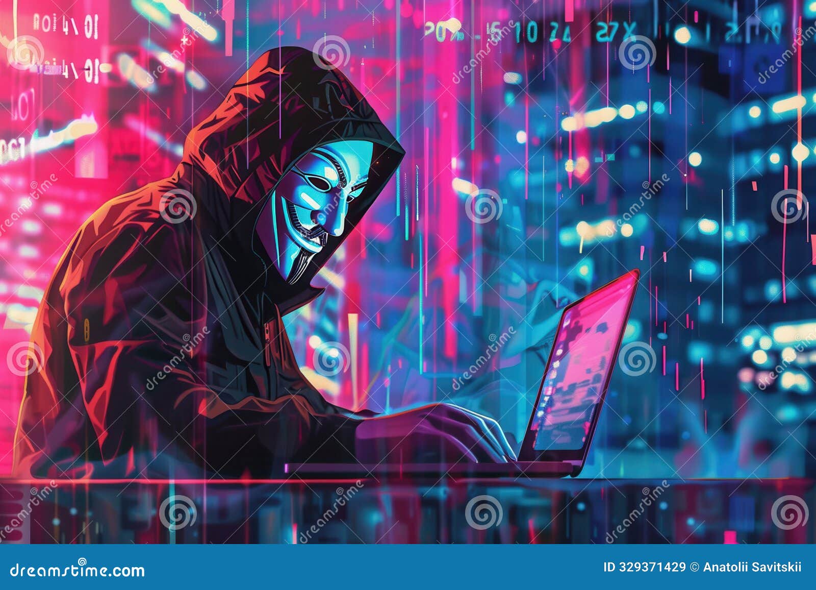 A Hacker with a Distinct Mask Works Intently on a Laptop, Immersed in a ...