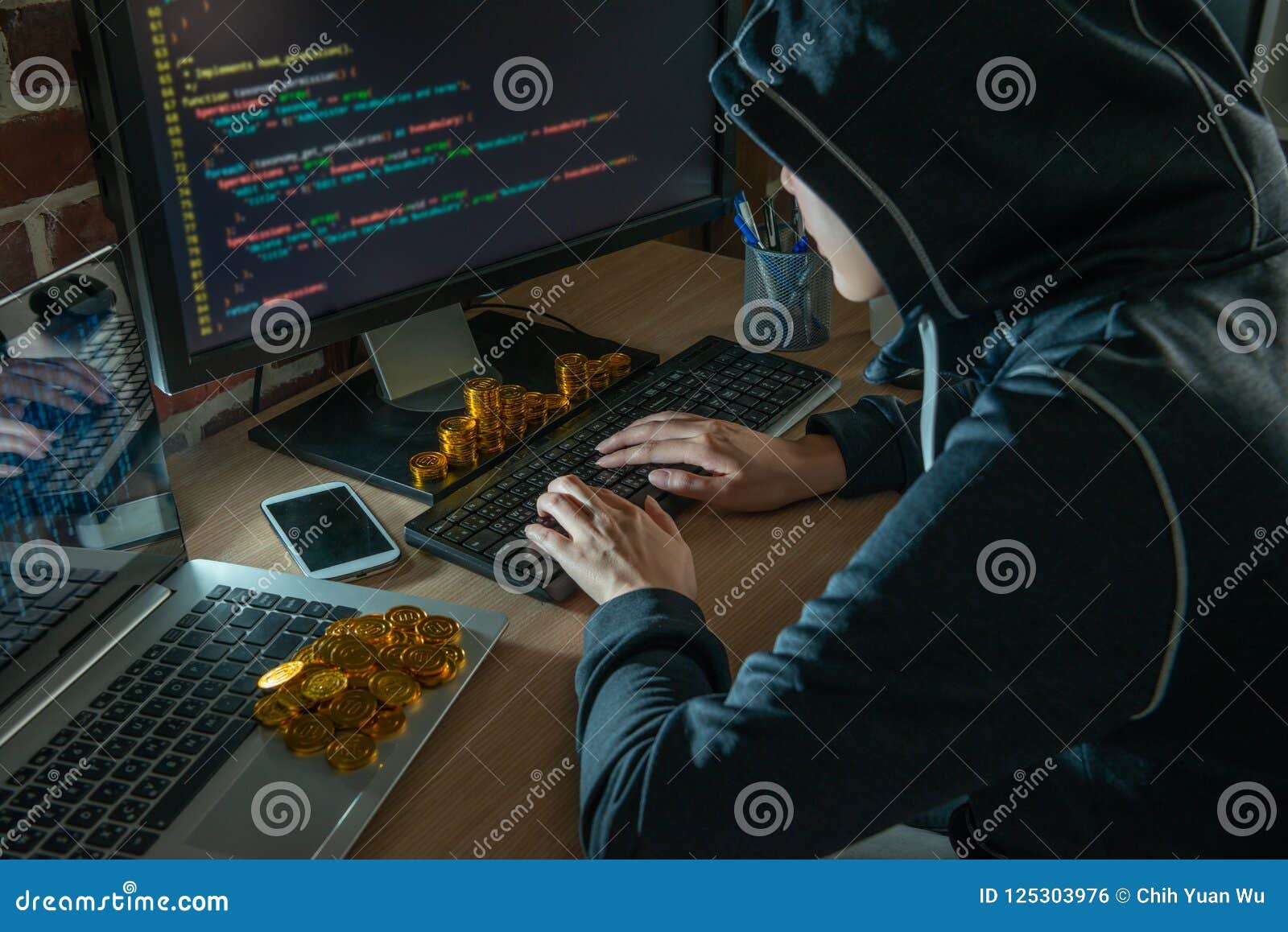 Hacker Doing Bitcoin Virus Robbery Thru Malware. Stock Photo - Image of ...