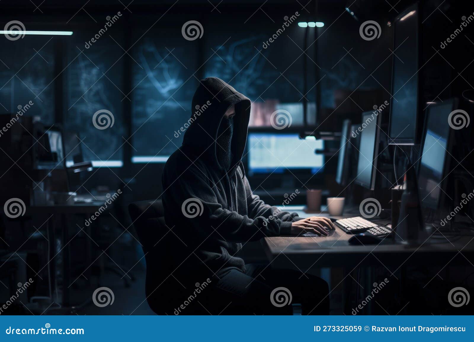 Hacker Dressed In A Hoodie Sitting In A Dark Room Surrounded By Monitors Coding Malicious