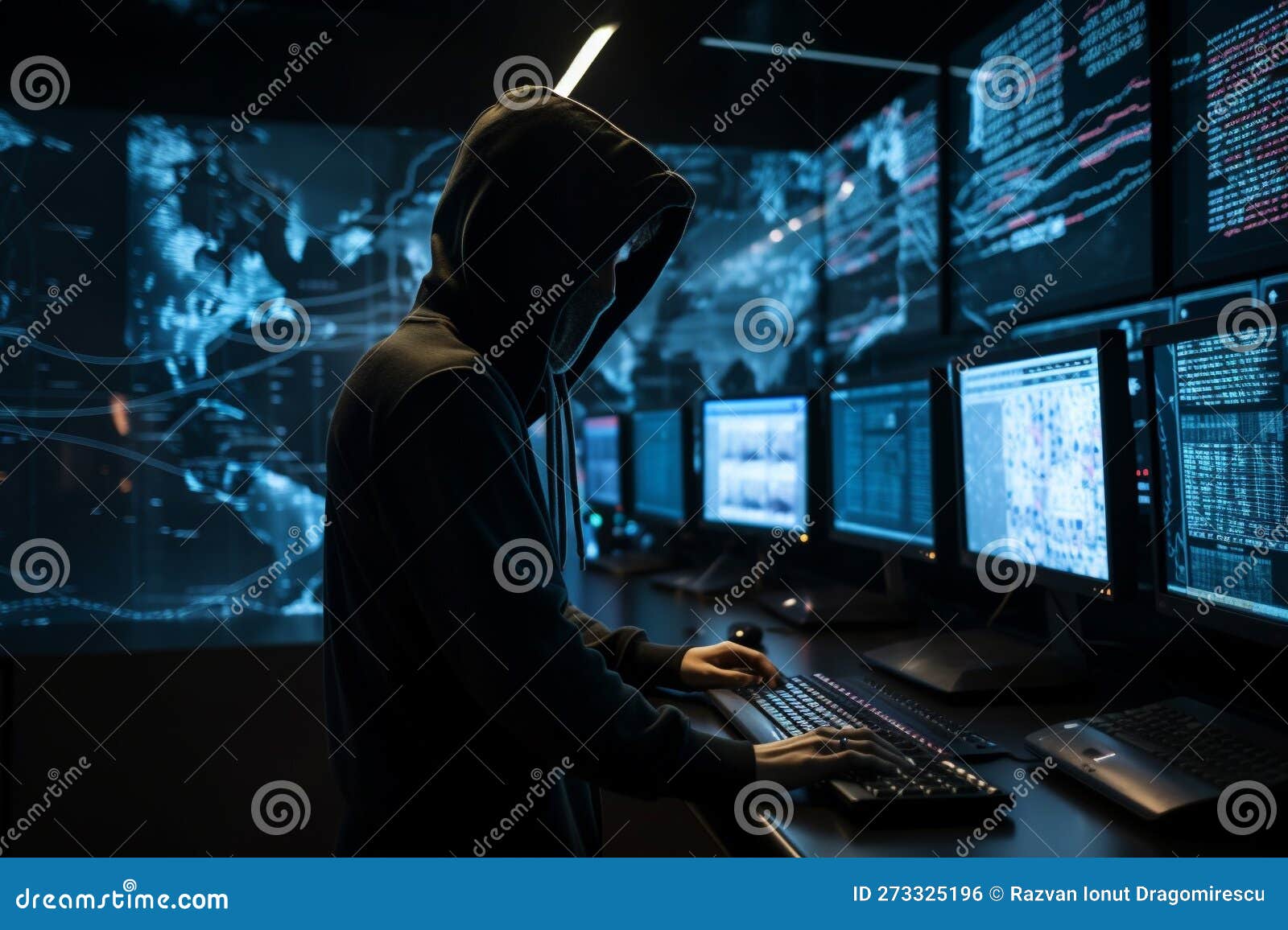 Hacker Dressed in a Hoodie, Sitting in a Dark Room Surrounded by ...