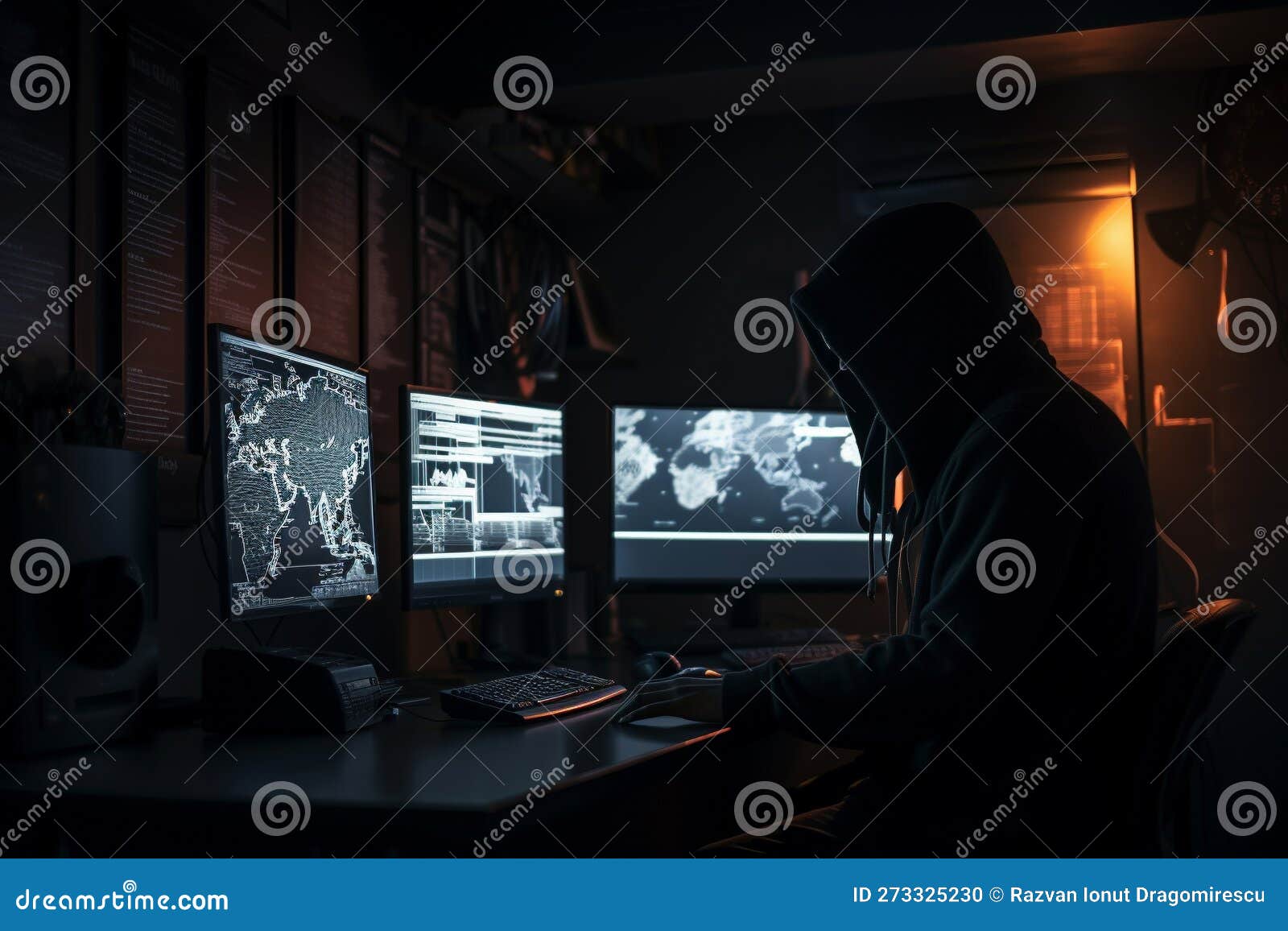 Hacker Dressed In A Hoodie Sitting In A Dark Room Surrounded By Monitors Coding Malicious