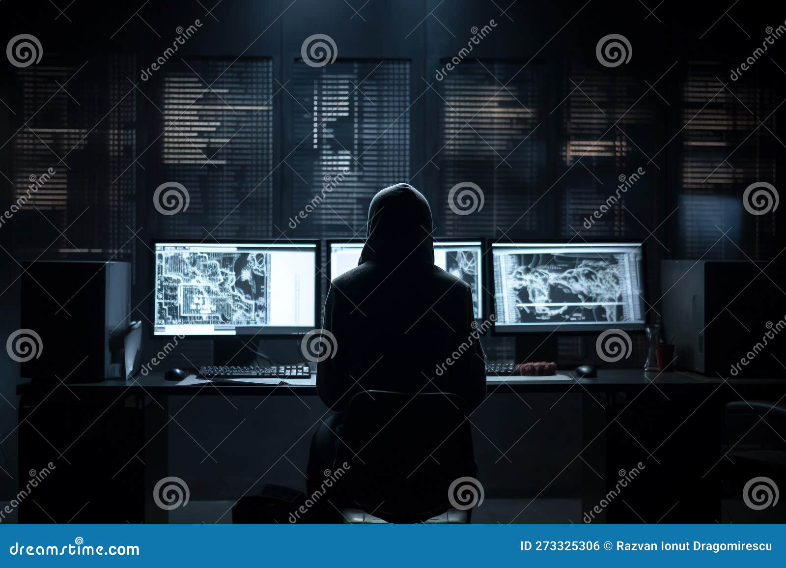 Hacker Dressed In A Hoodie Sitting In A Dark Room Surrounded By Monitors Coding Malicious