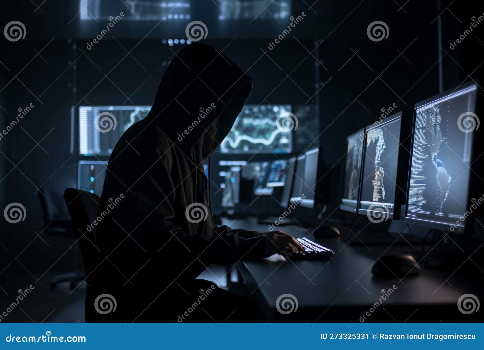 Hacker Dressed In A Hoodie Sitting In A Dark Room Surrounded By Monitors Coding Malicious