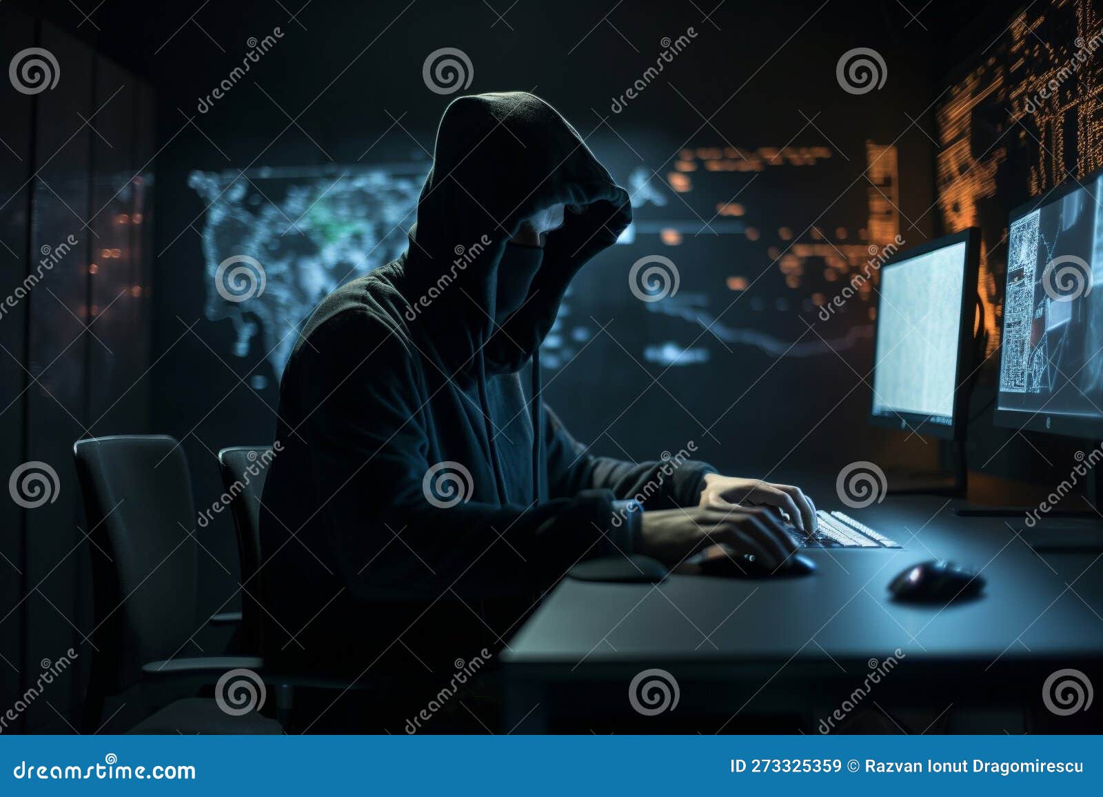 Hacker Dressed In A Hoodie Sitting In A Dark Room Surrounded By Monitors Coding Malicious