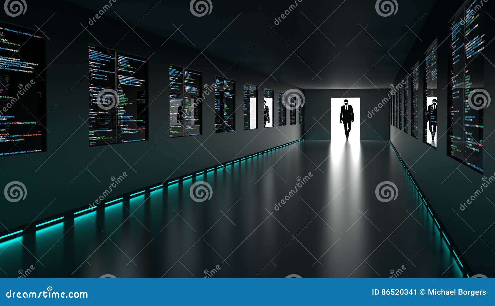 Hacker Enters Backdoor To Server Room with Computercode Screens Stock ...