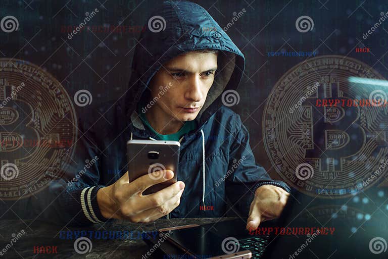 Hacker With A Face Is Trying To Steal Cryptocurrency Using A Computer Fraud At Cryptojacking