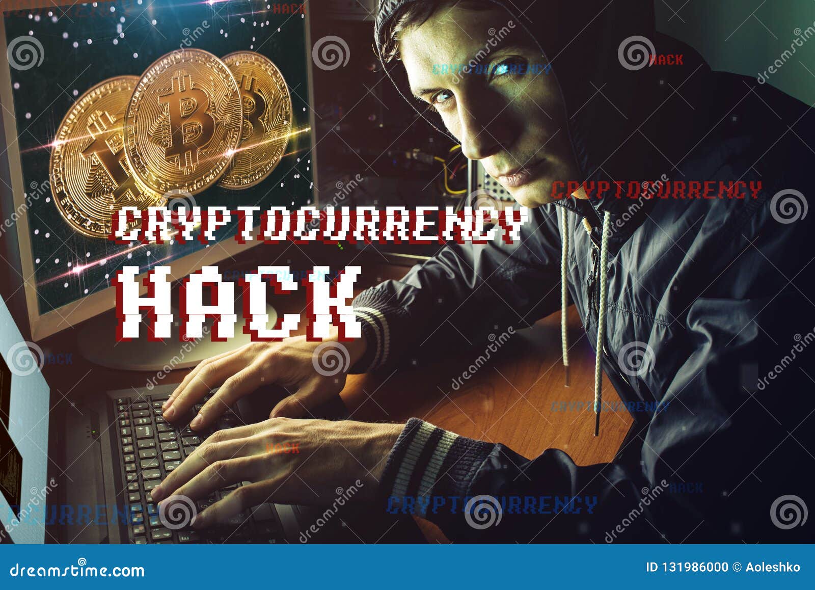Hacker With A Face Is Trying To Steal Cryptocurrency Using A Computer
