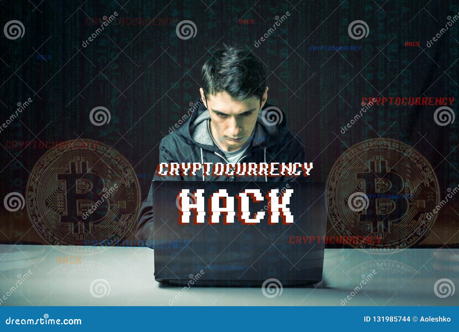 Hacker With A Face Is Trying To Steal Cryptocurrency Using A Computer