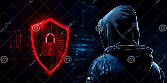 Hacker Facing Digital Shield with Lock Cyber Attack and Online Security ...