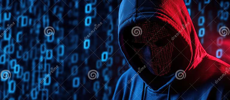 Hacker Figure with Digital Mask, Binary Code Background, Dark ...