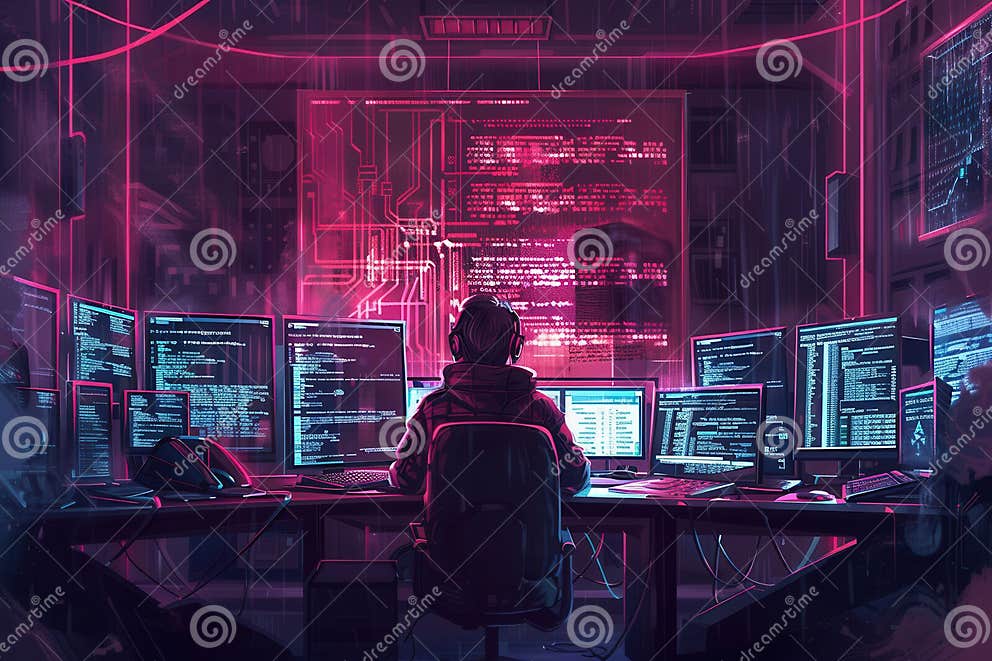 A Hacker Focuses Intently on Various Computer Screens, Immersed in ...